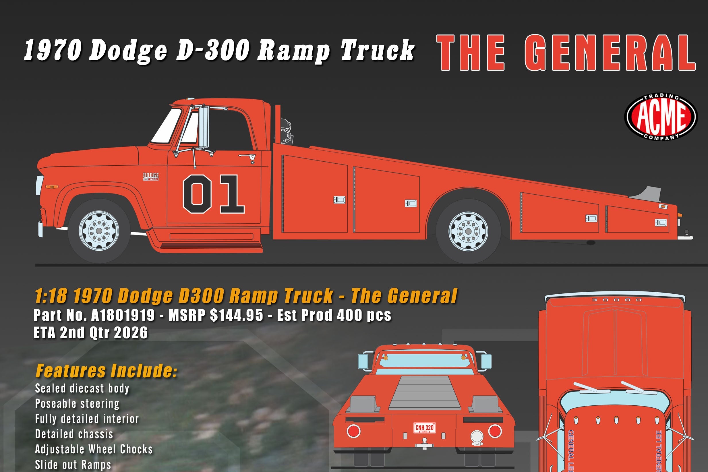 Acme 1970 Dodge D-300 Ramp Truck "The General" Orange 1:18 – STM Diecast